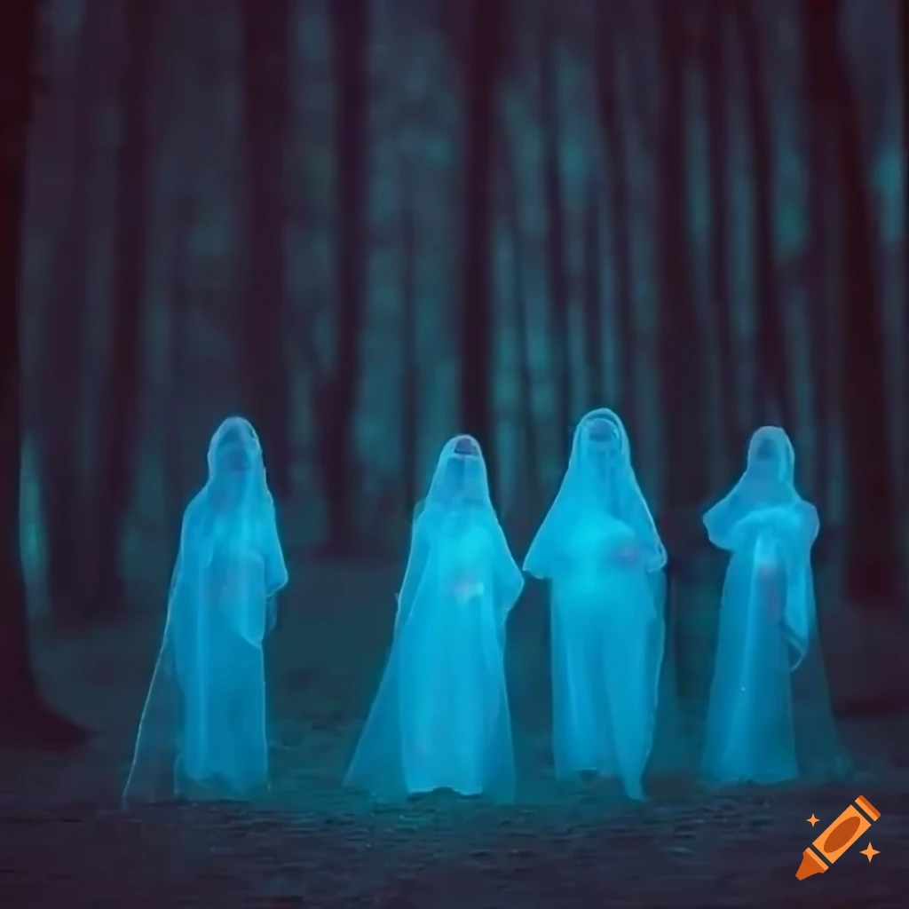 Art of transparent blue ghost girls playing in a dark forest on Craiyon