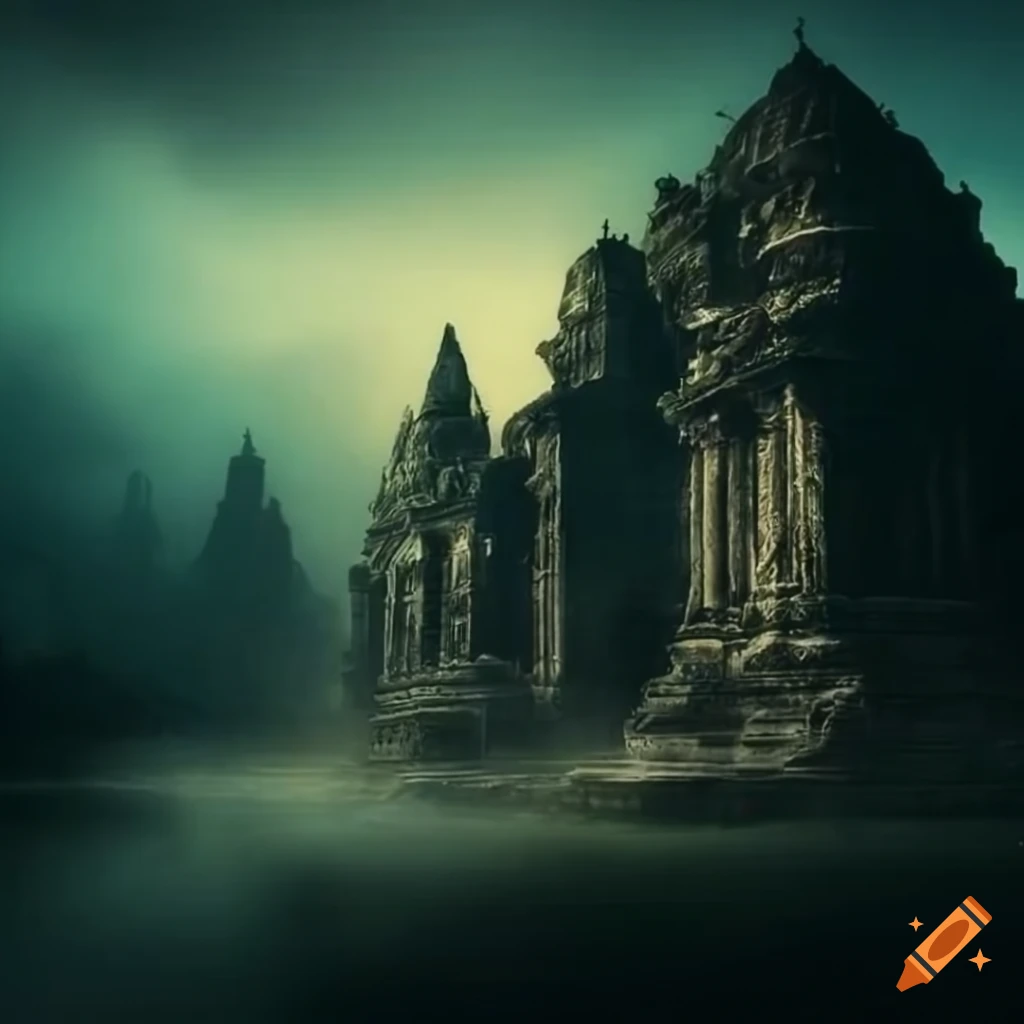 Intricate hieroglyphic symbols in a dimly lit forest with temple ...