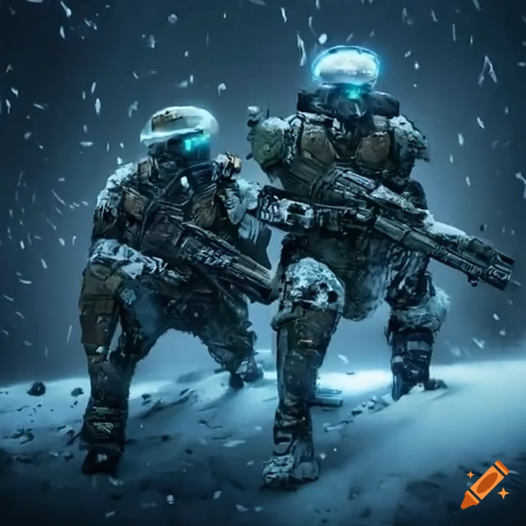 Futuristic army marching in a snowstorm on Craiyon