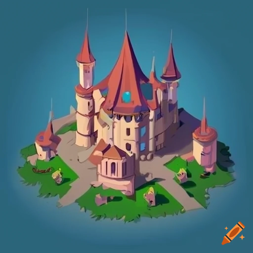 Isometric view of a fantasy castle on Craiyon