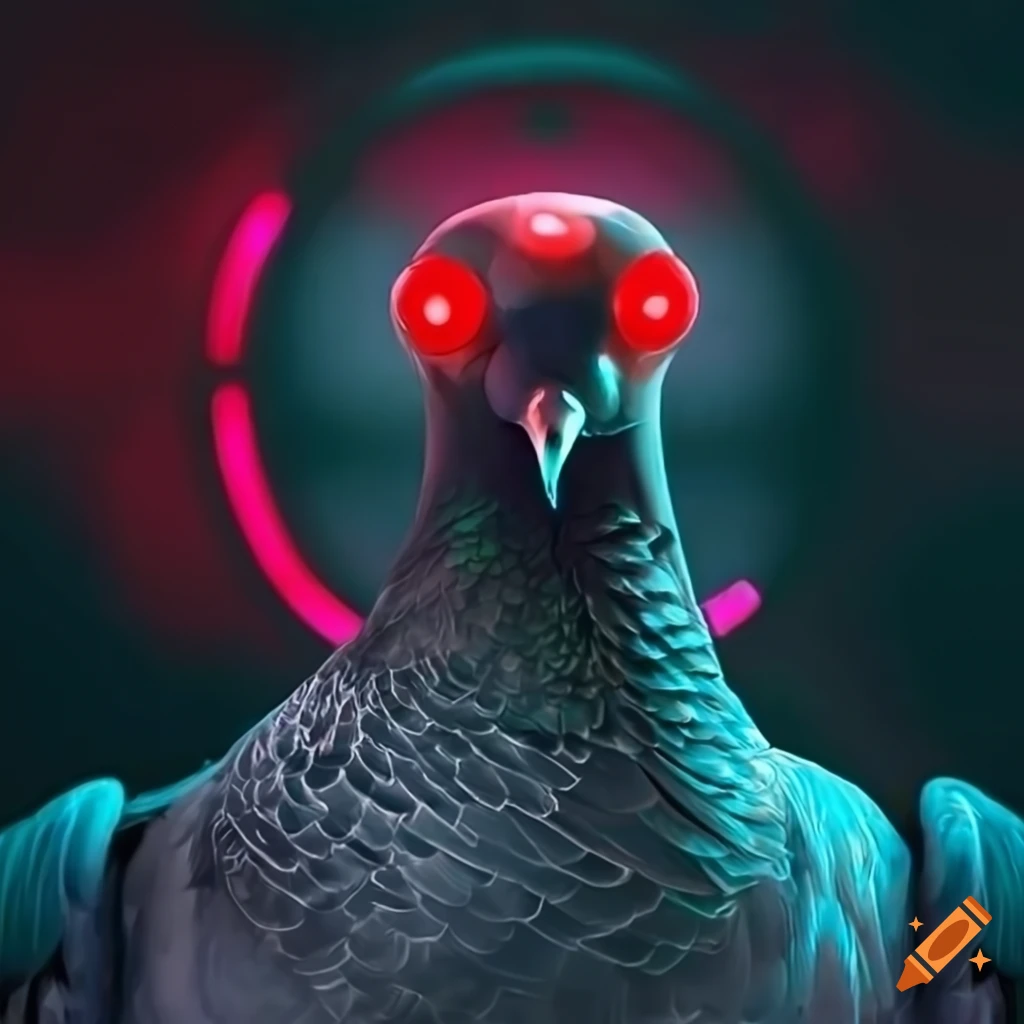 Cybernetic pigeon with glowing red eyes on Craiyon