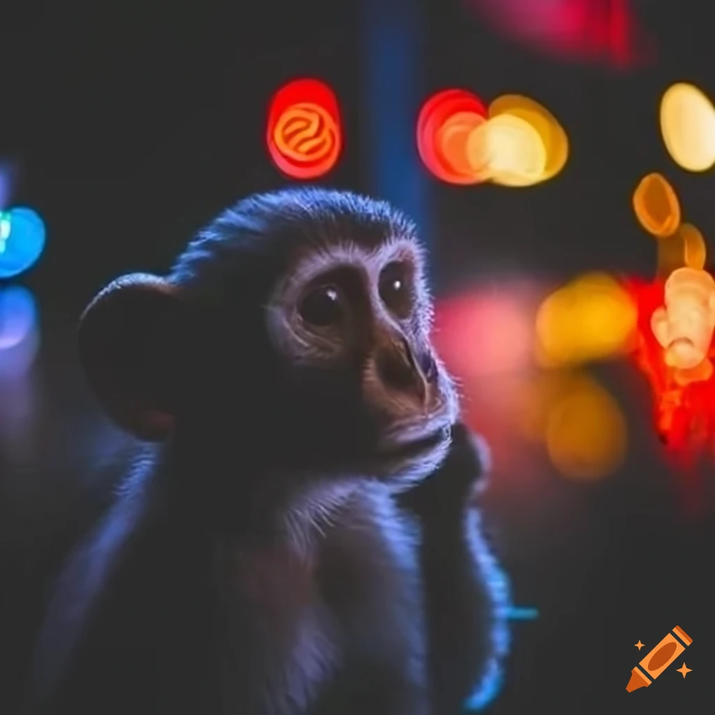 Monkey in the rain under neon sign