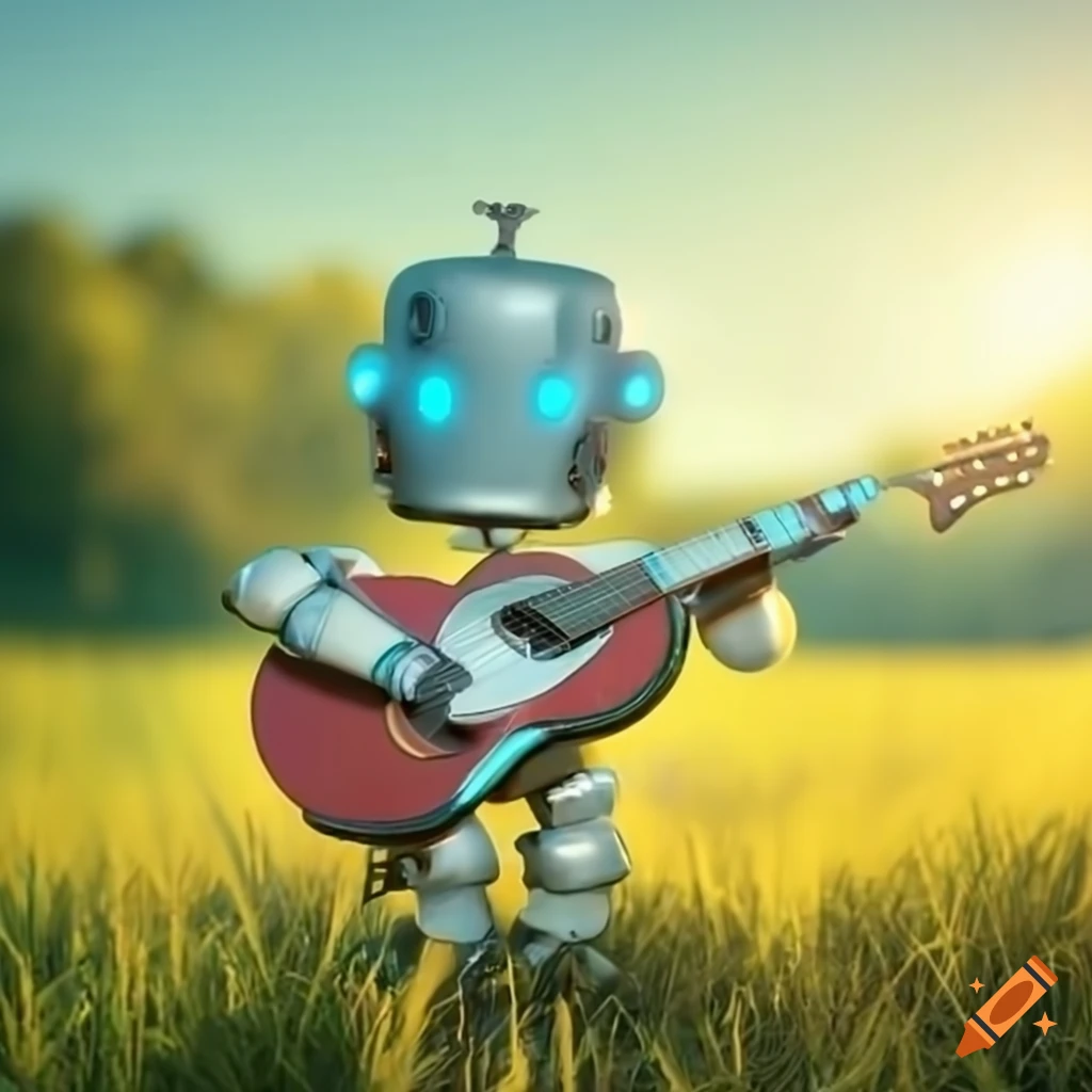Adorable robot playing guitar in a sunny landscape