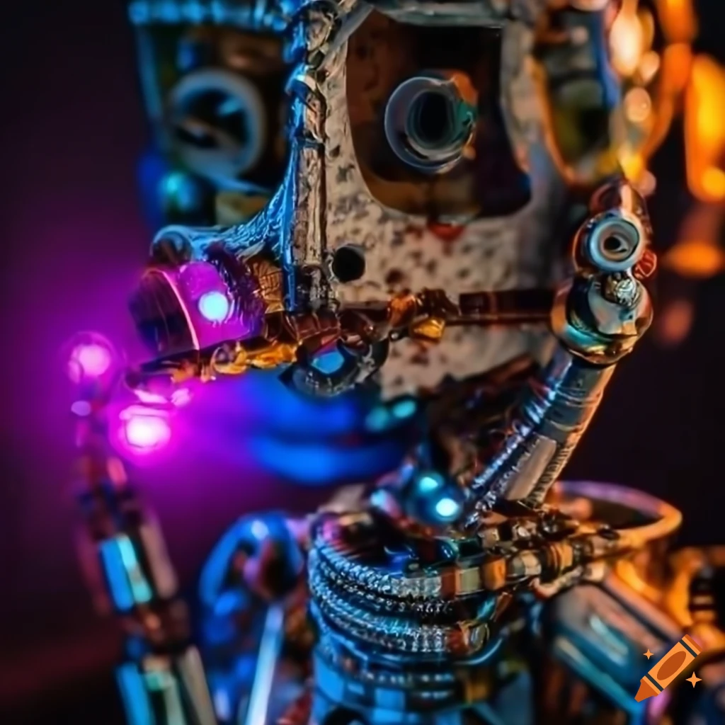 Colorful damaged robot with tubes and wires on Craiyon