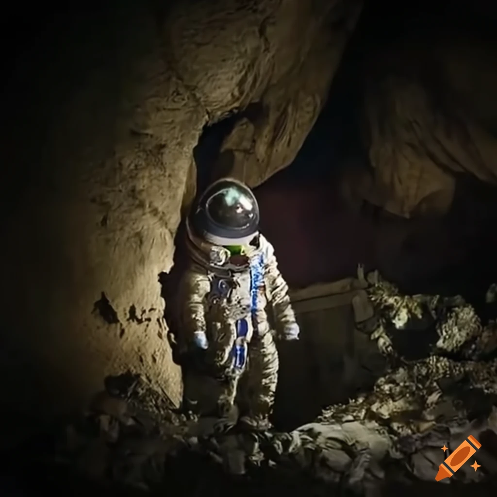 Image of a russian astronaut emerging from cave with broken helmet