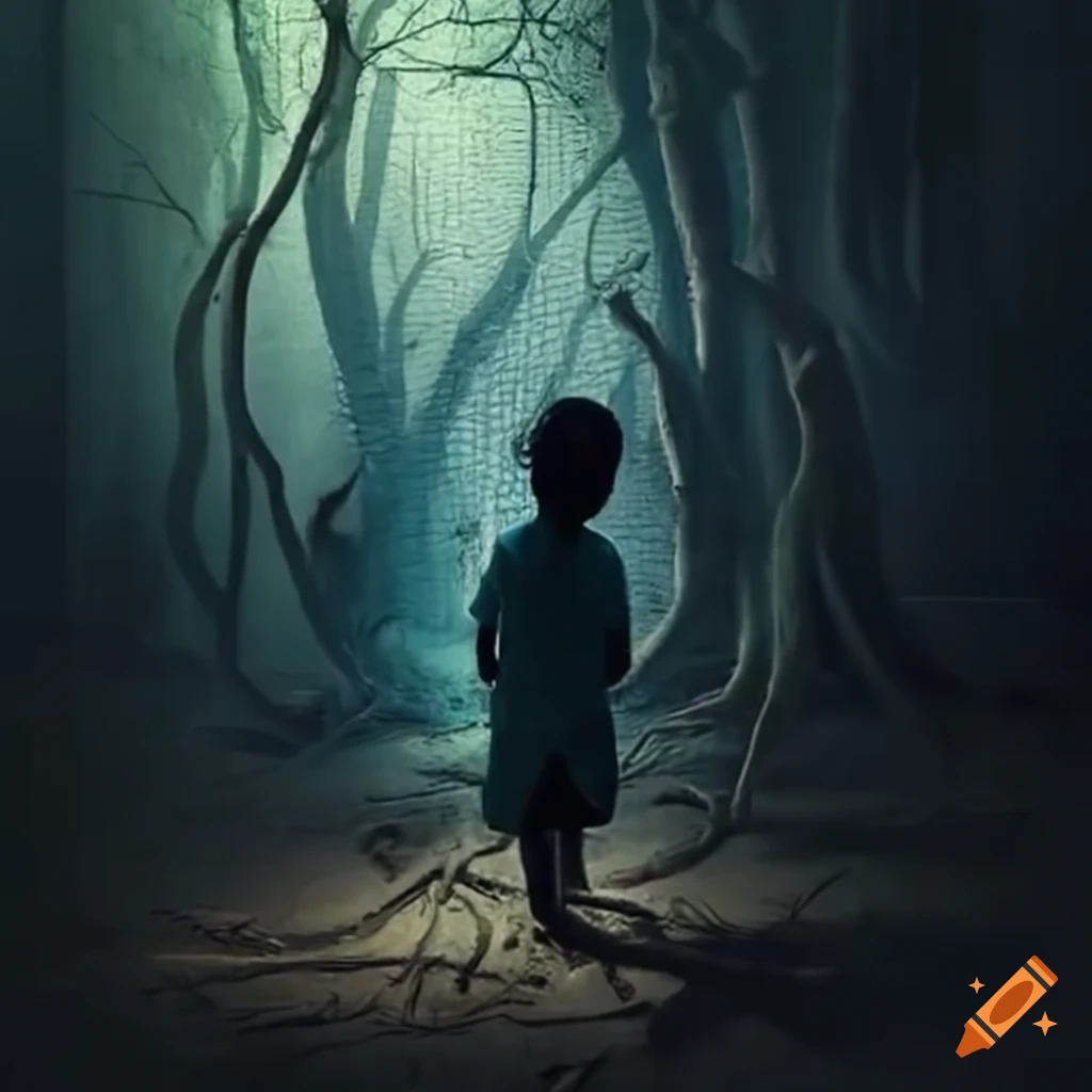 Artwork of a boy trapped in tree roots on Craiyon