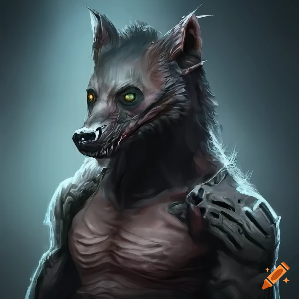 Hyperrealistic portrait of a cybernetic hyena werewolf on Craiyon