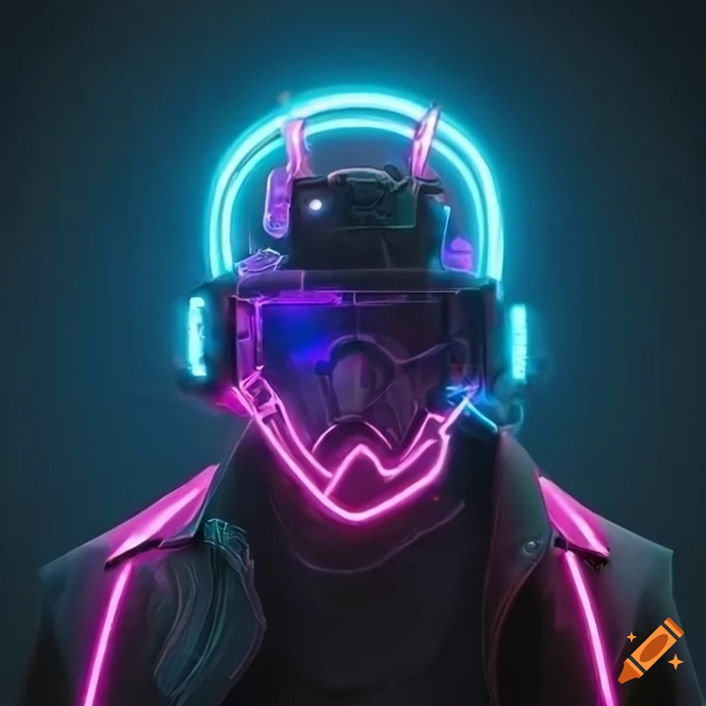 Neon cyberpunk profile picture with a man wearing an assault helmet