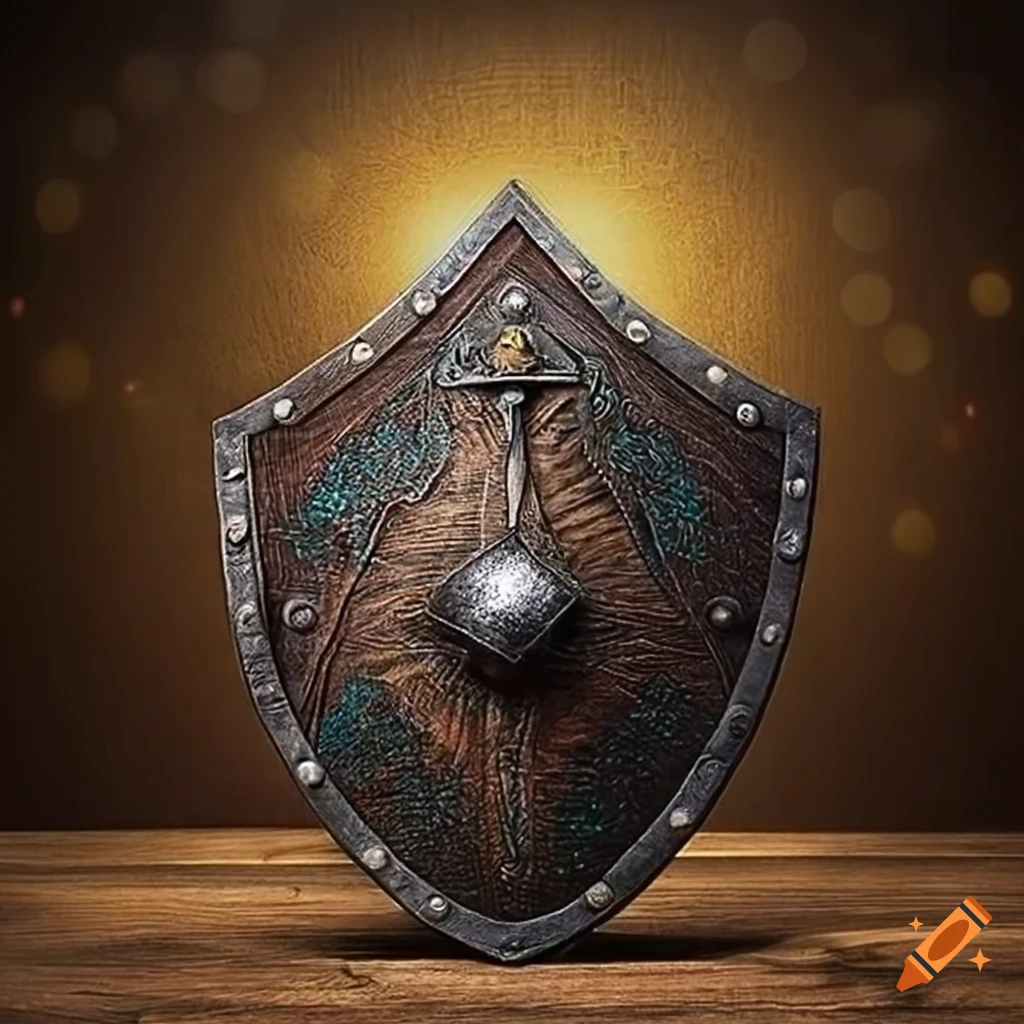 Glittery iron shield with lute emblem on wooden tabletop on Craiyon