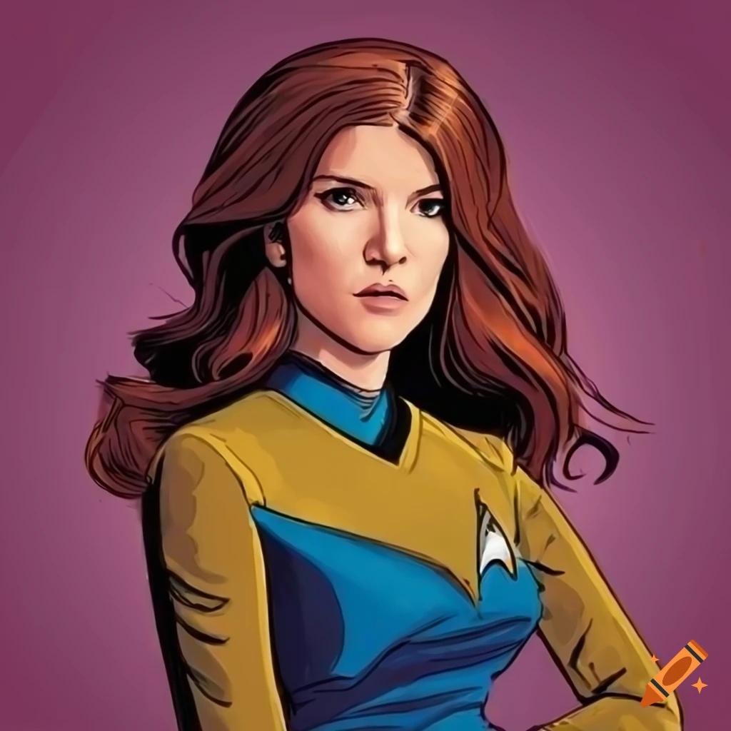 Pulp comic art of alexandria daddario as star trek captain on Craiyon