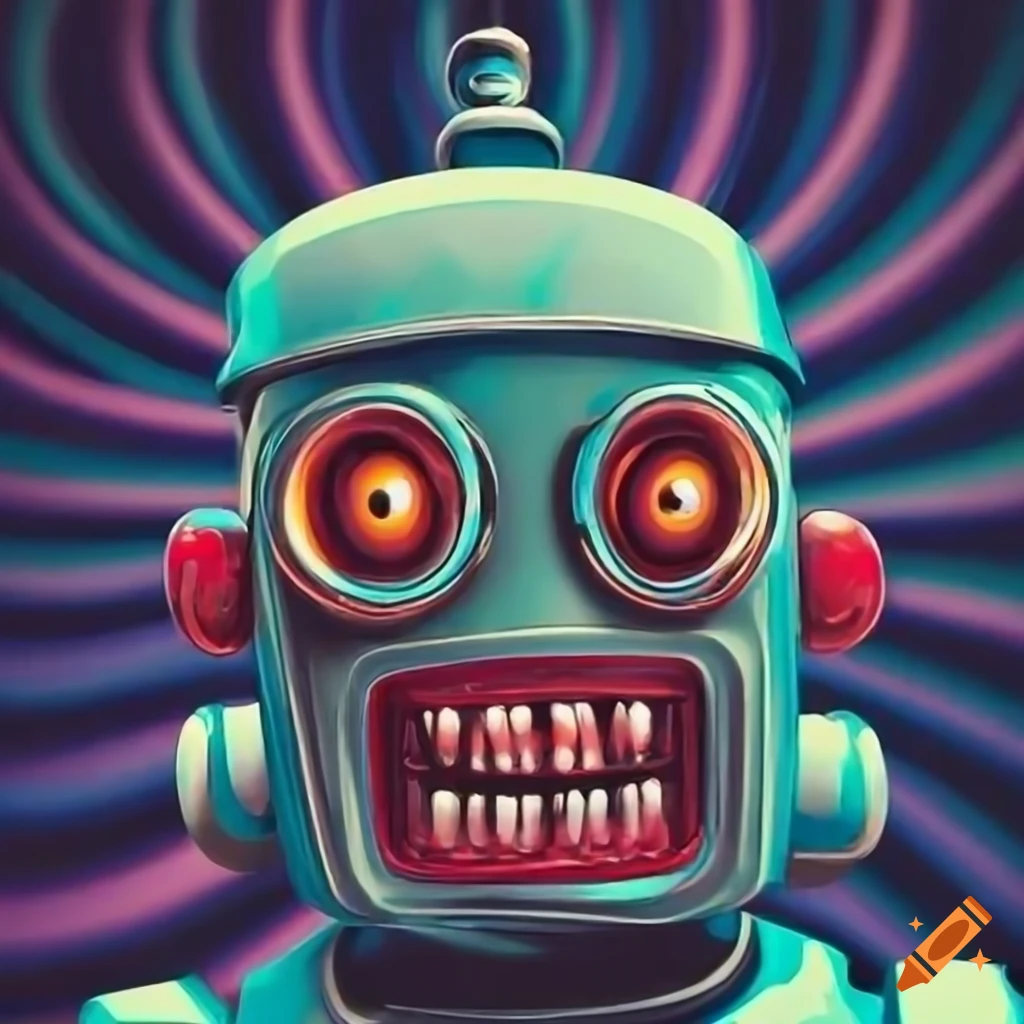 Retro robot with goofy eyes and huge teeth on Craiyon