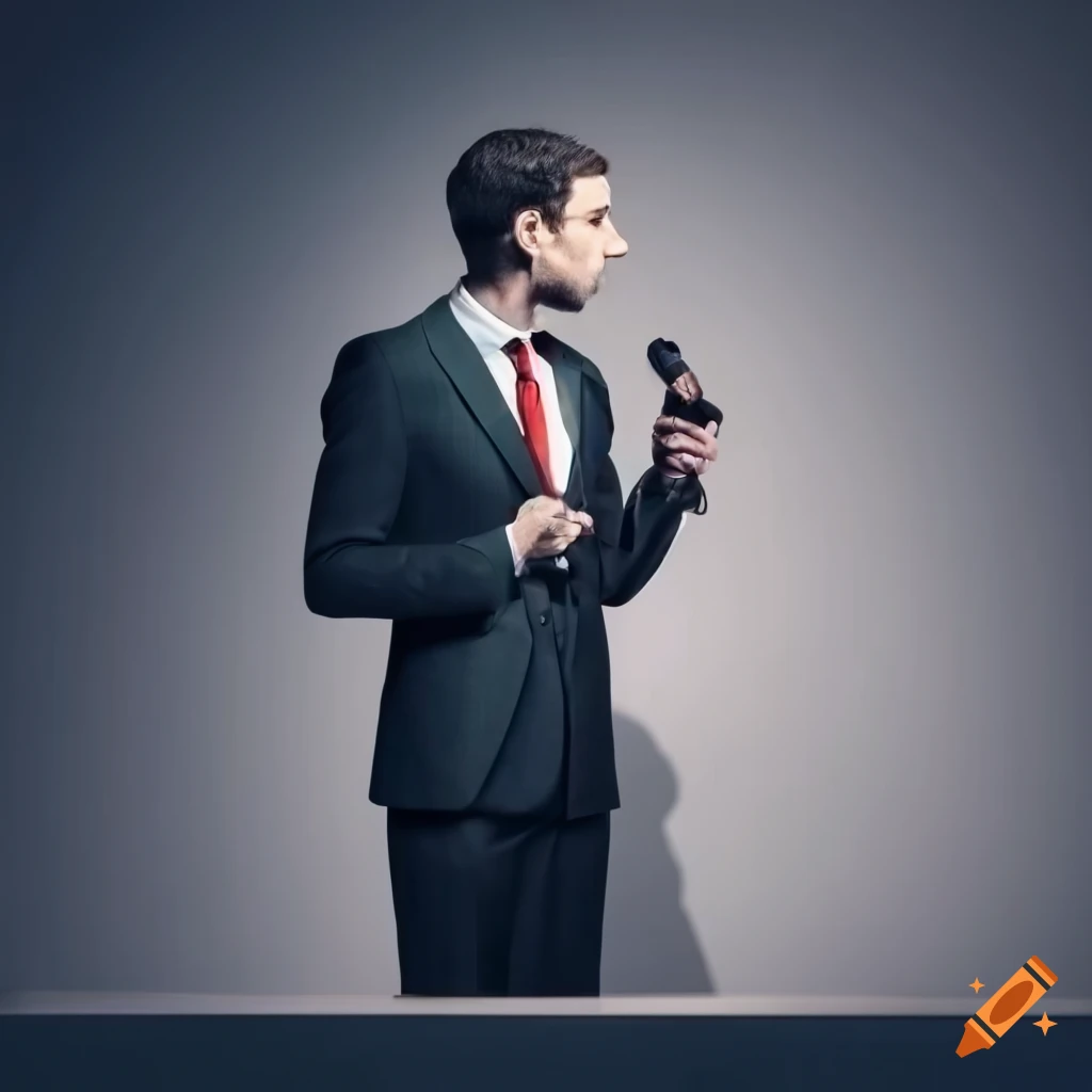 Man speaking into a microphone at a podium on Craiyon