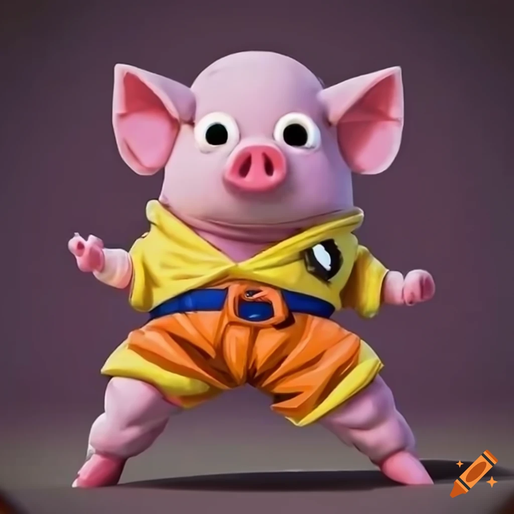Colorful world with a pig wearing dragonball z outfit