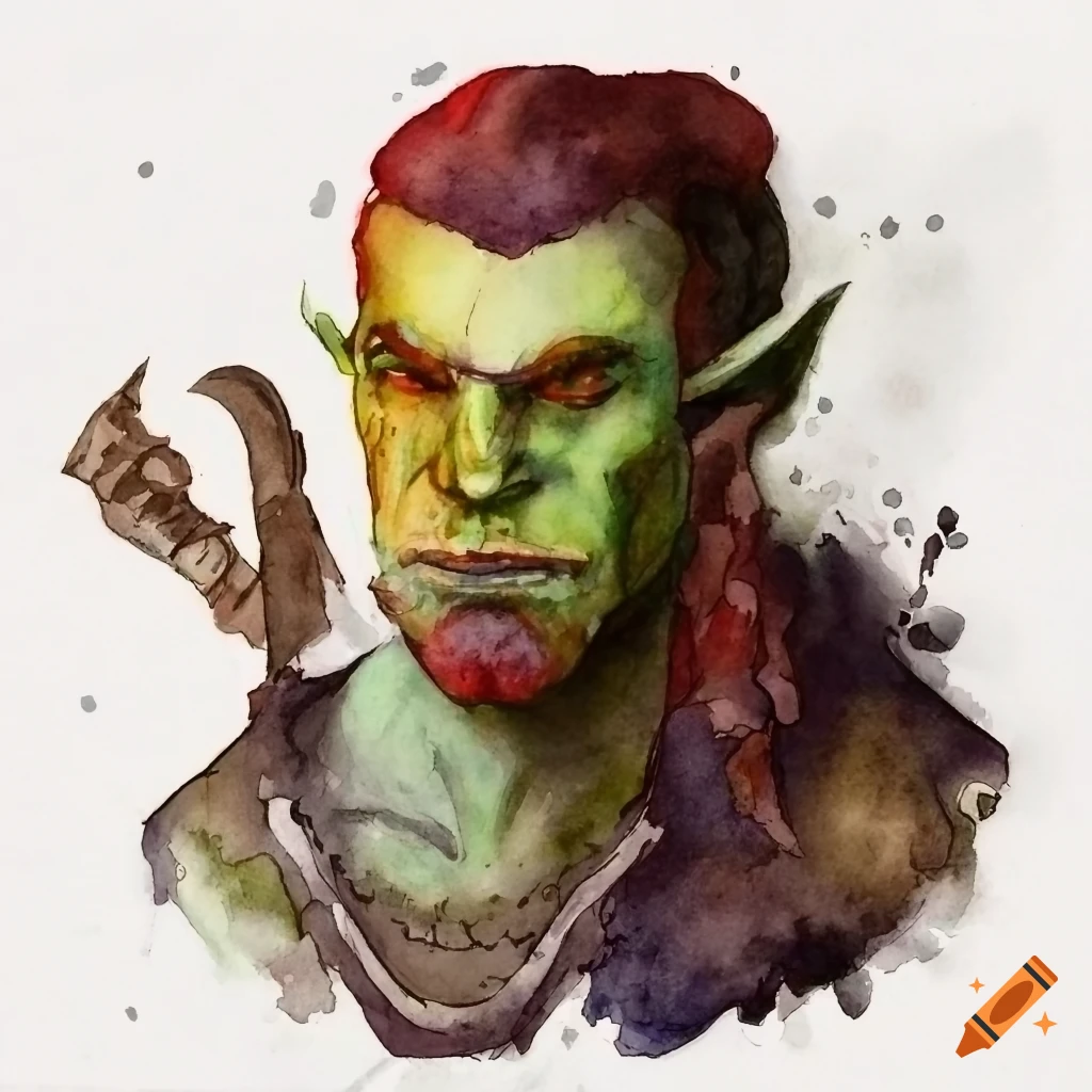 Watercolor portrait of a male half-orc barbarian