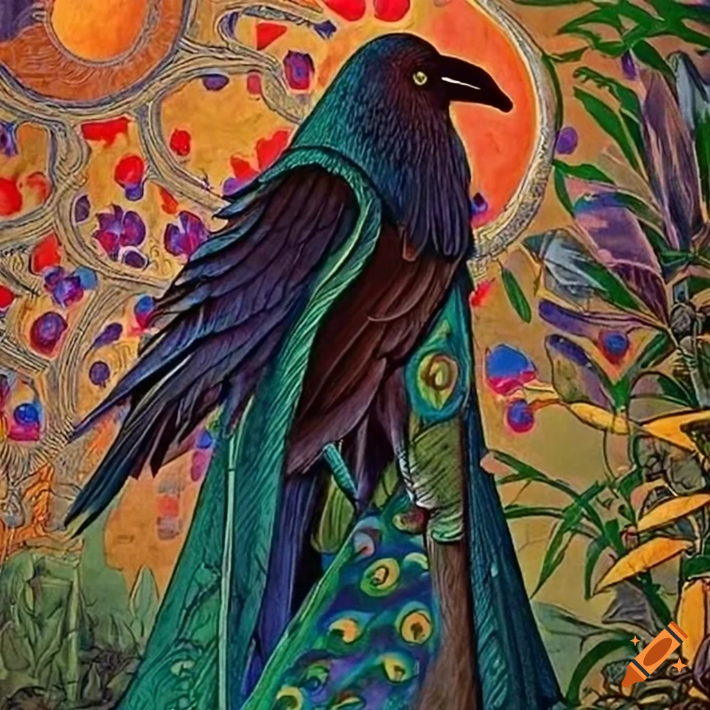 Illustration of a mysterious raven with a peacock feather cloak