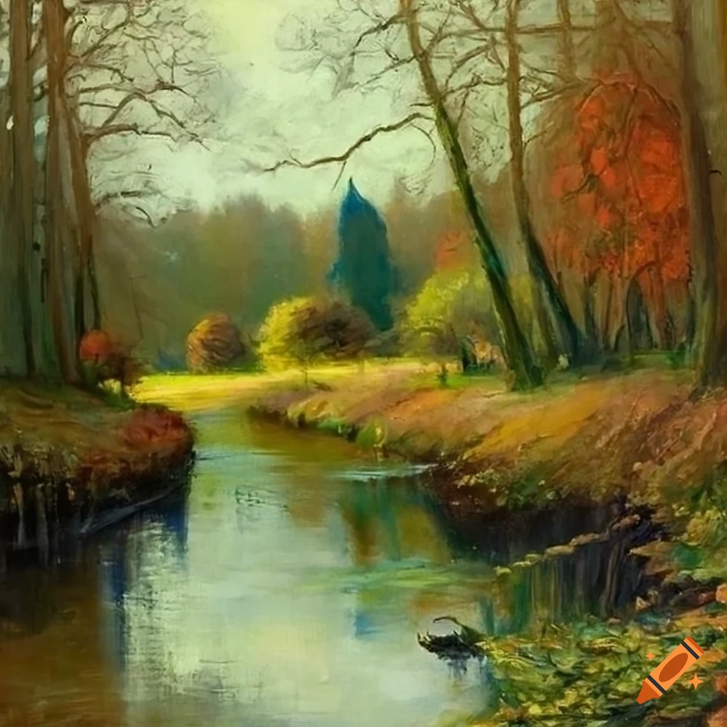 Impressionist oil painting of a hilly forest pond on Craiyon