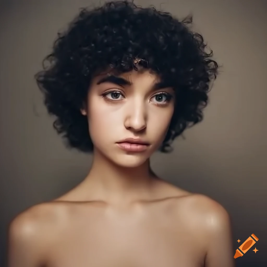 Detailed Portrait Of A Caucasian Woman With Short Black Curly Hair