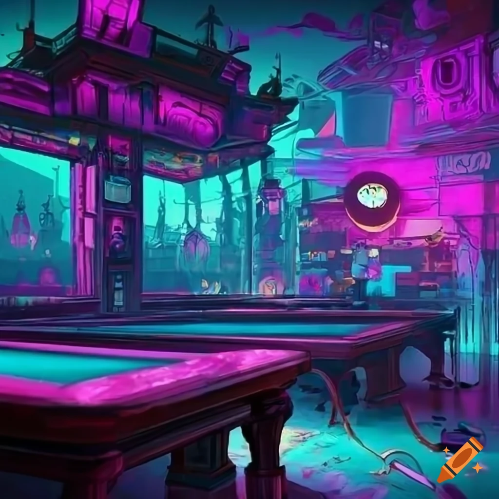 Colorful artwork of a pub with a pool table on Craiyon