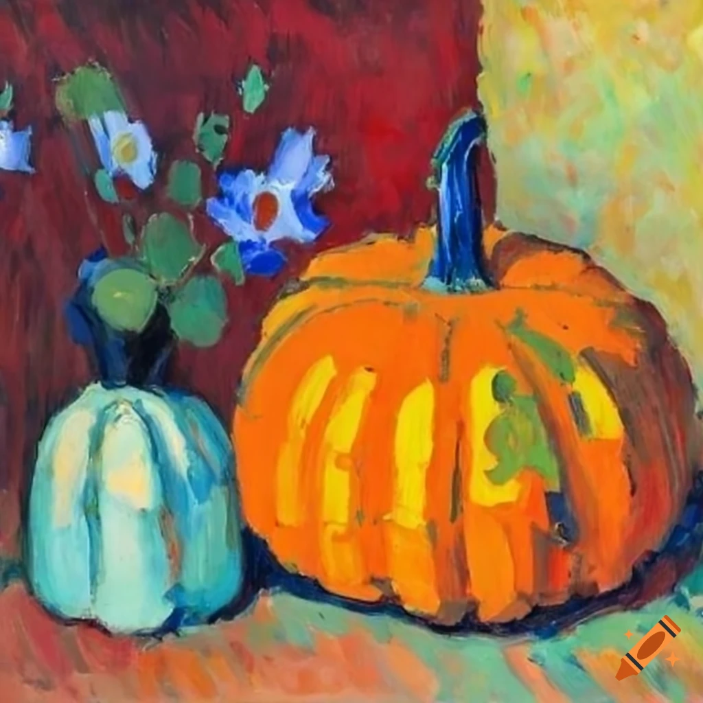 Still life artwork of pumpkins and flowers on Craiyon