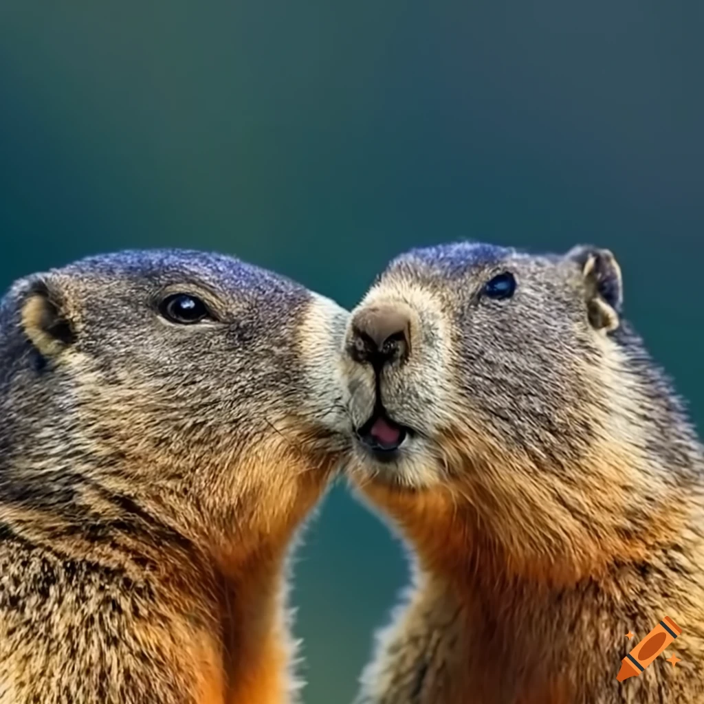 Adorable marmot kissing