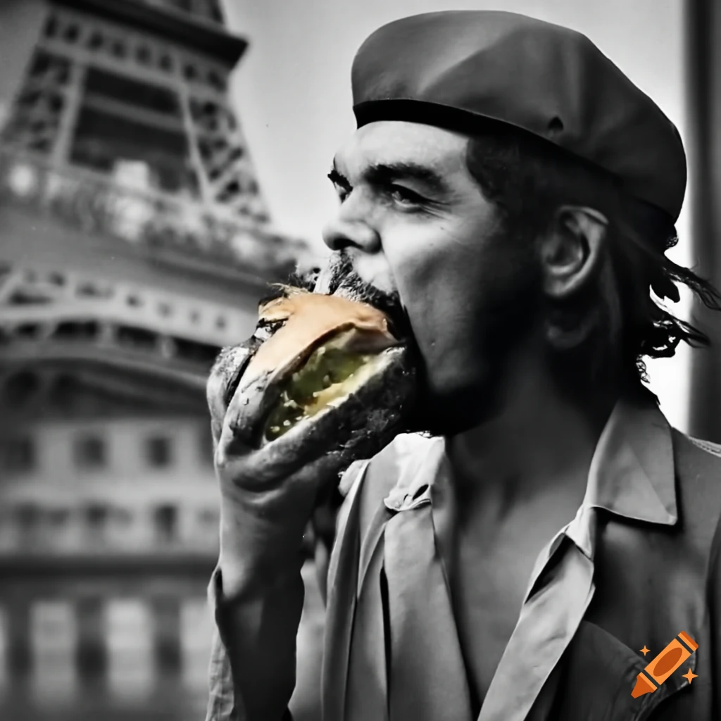 Black and white photo of Che Guevara eating a hamburger on Craiyon