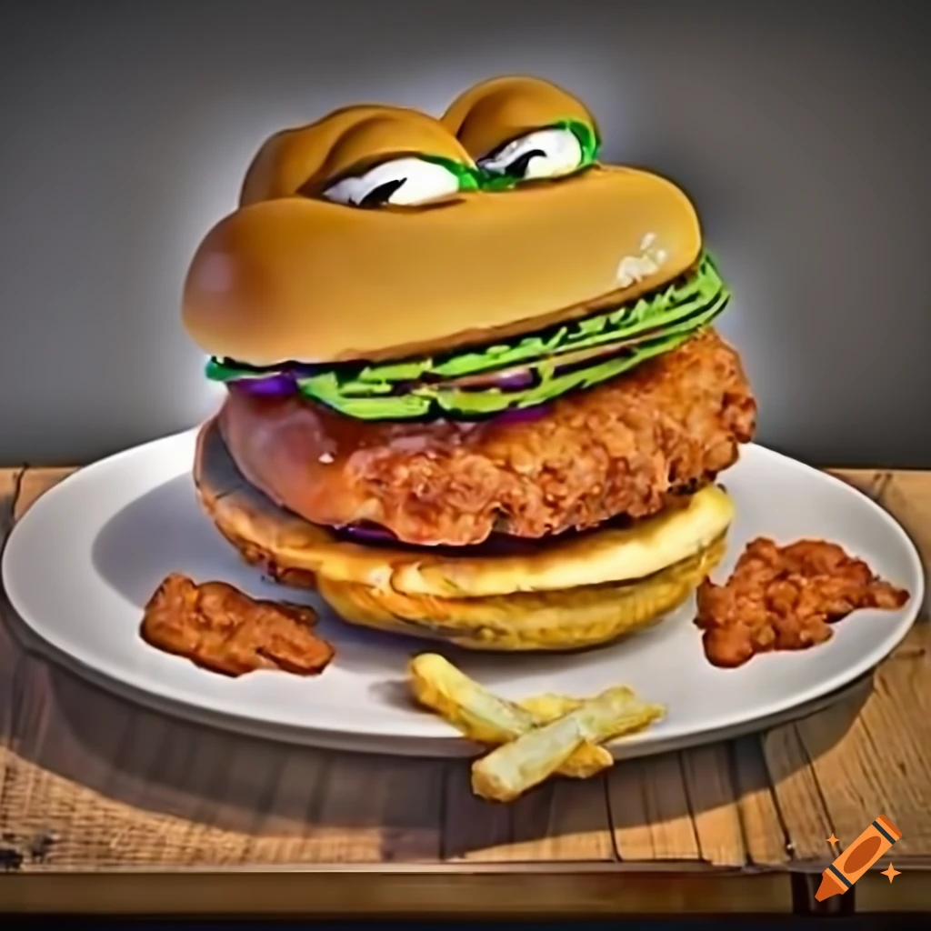 Hyper realistic art of pepe the frog enjoying a cheeseburger and fries