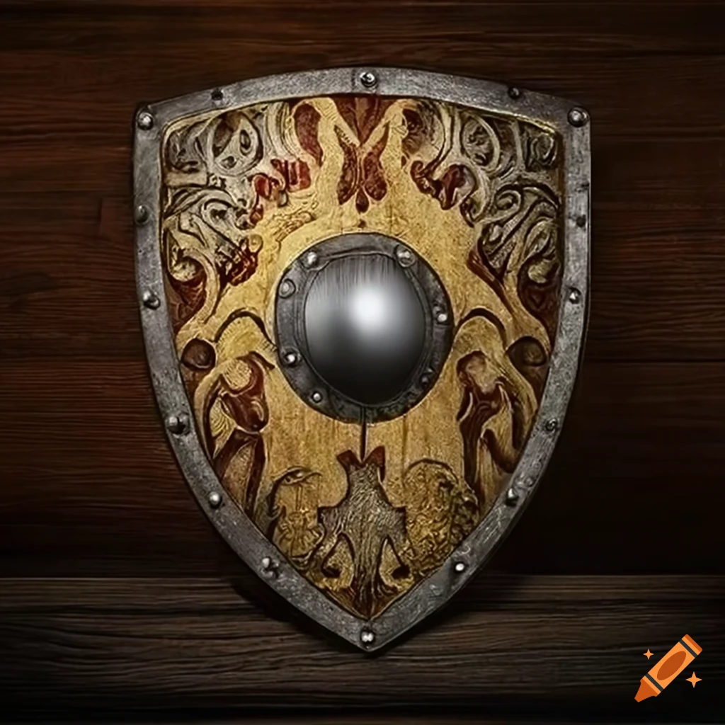 Historical red and white ornate tower shield with traditional ...