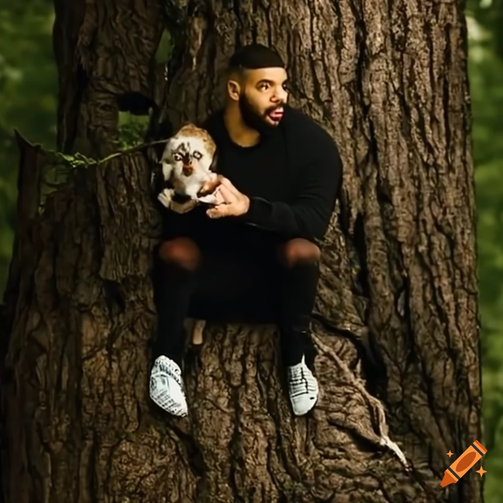 Drake the rapper with a squirrel on a tree on Craiyon