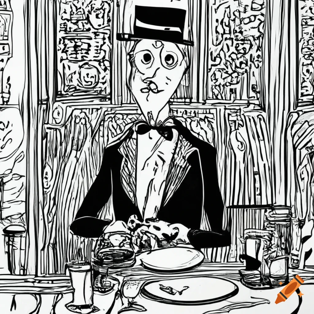 Comic-style drawing of ants dining in a fancy restaurant