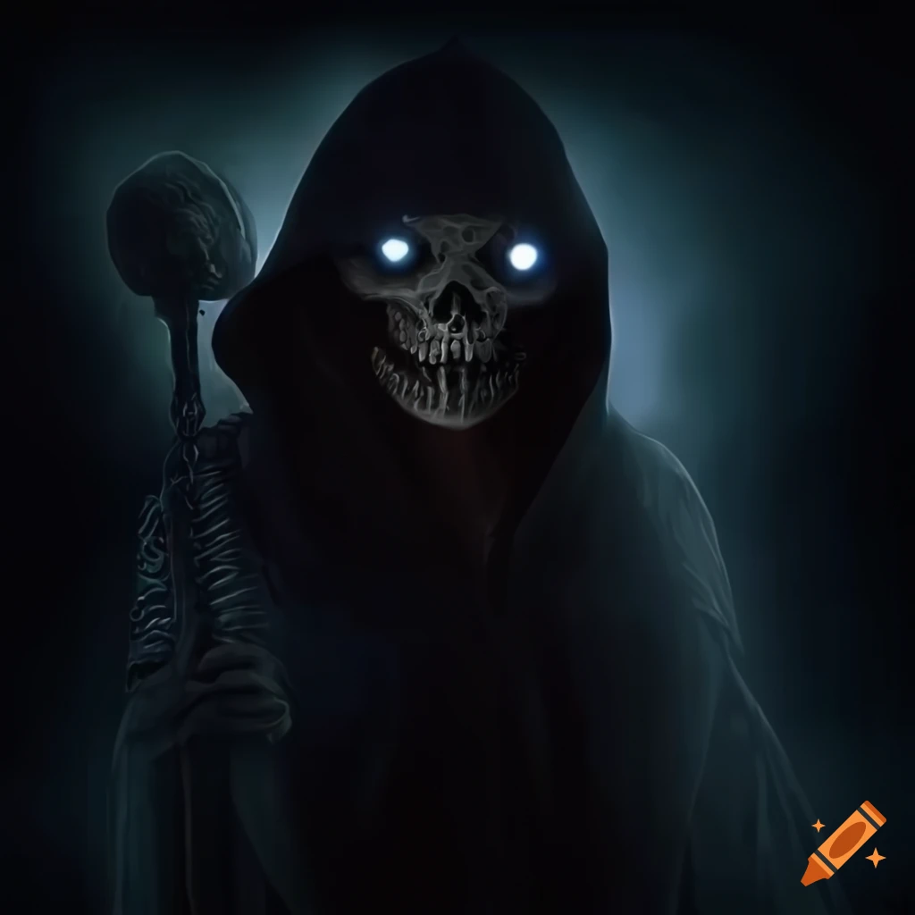 Dark artwork of a skeleton necromancer with red glowing eyes on Craiyon