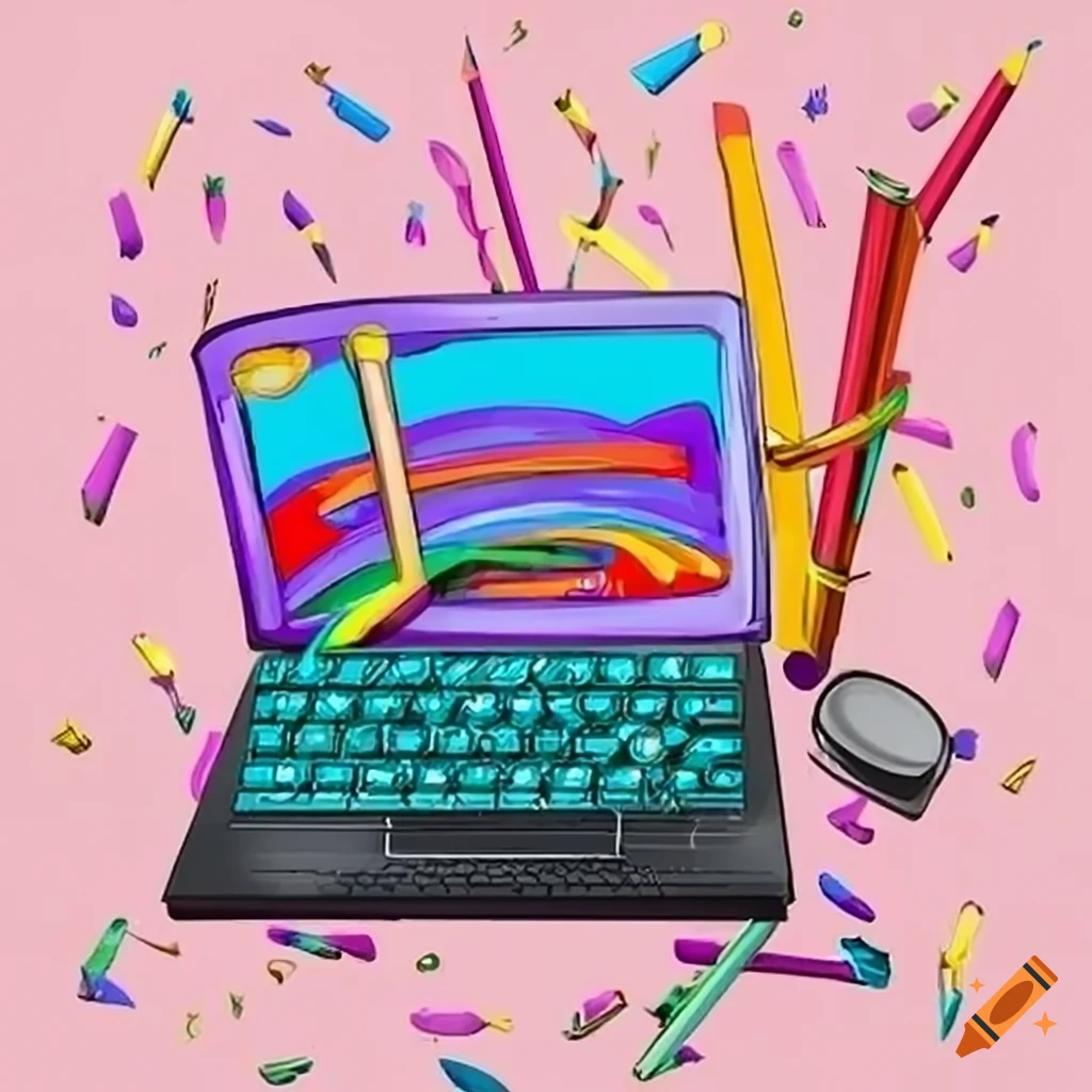 Clipart of a colorful laptop surrounded by pencils on Craiyon