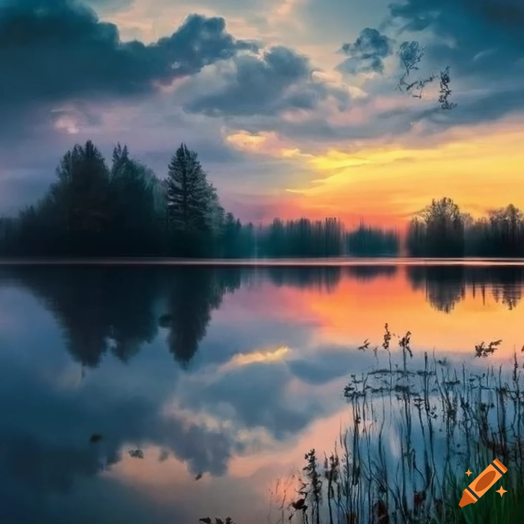 Detailed dusk landscape painting with pond and path on Craiyon
