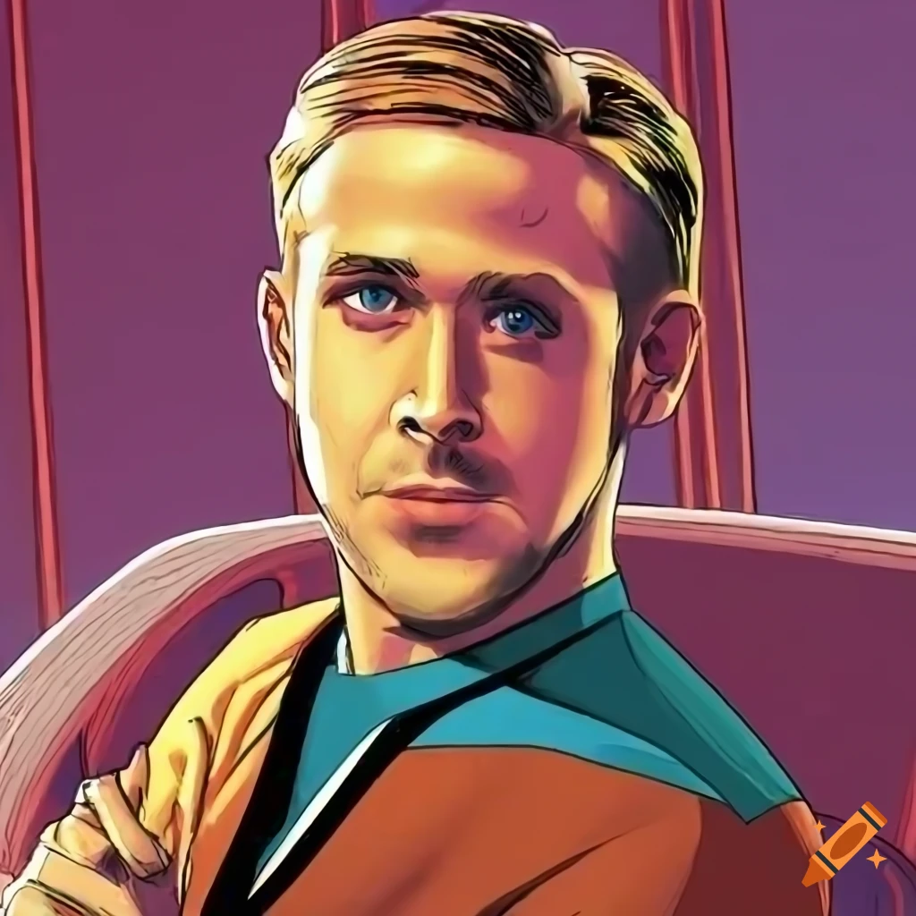 Pulp comic art of Ryan Gosling in captain's chair on the starship ...