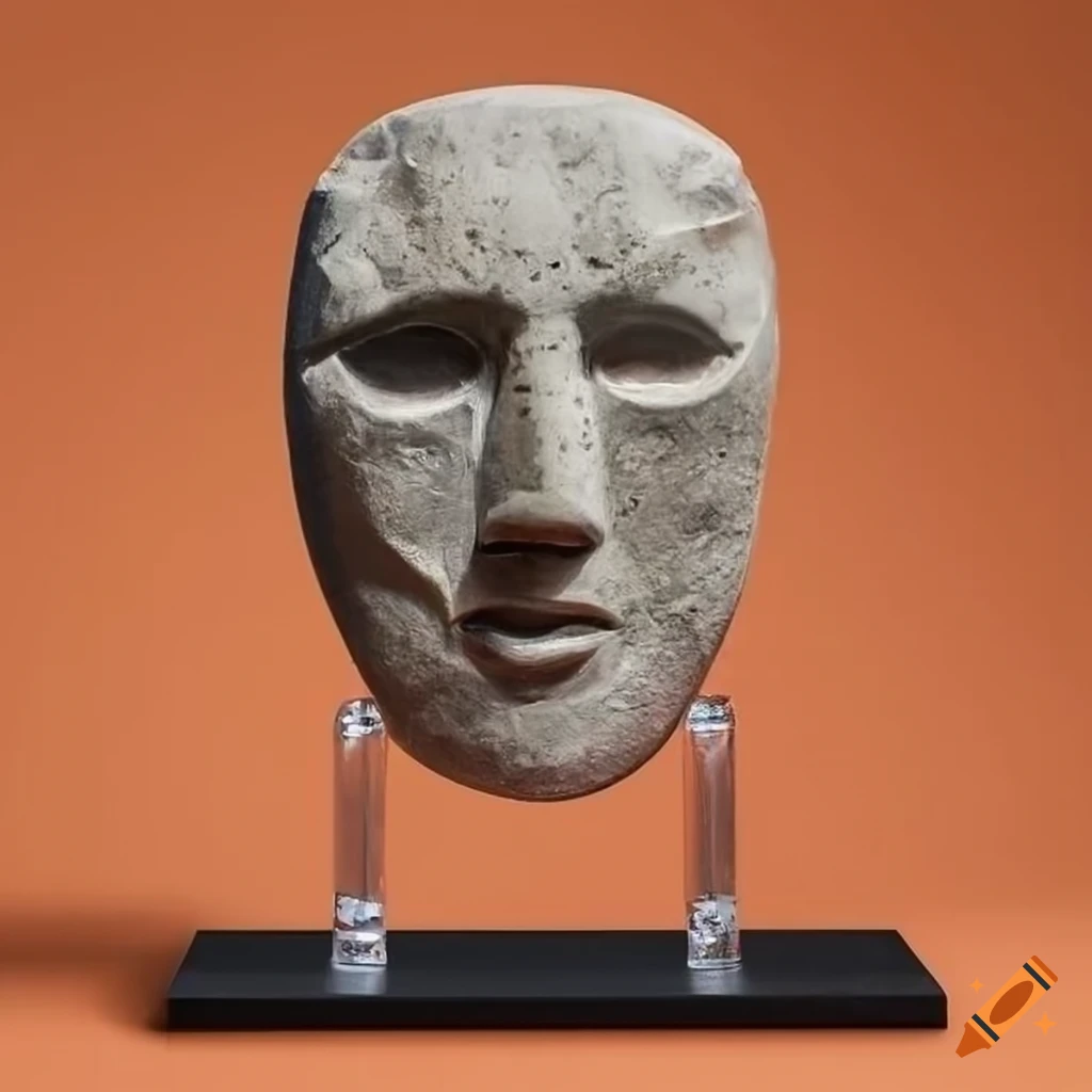 Photograph of stone mask sculpture on orange background on Craiyon