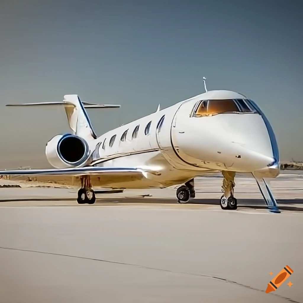 Luxurious white private jet in wide-angle shot on Craiyon