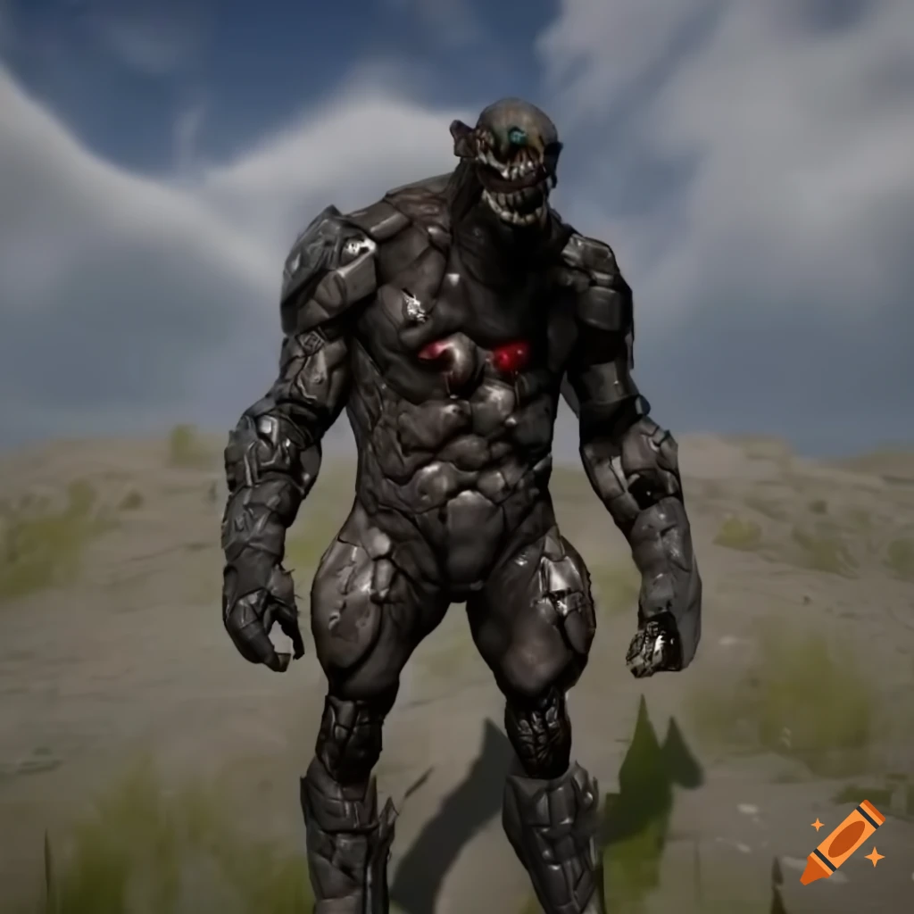 Unreal engine 5 character design of a bumpy black-rocky armored cyborg ...