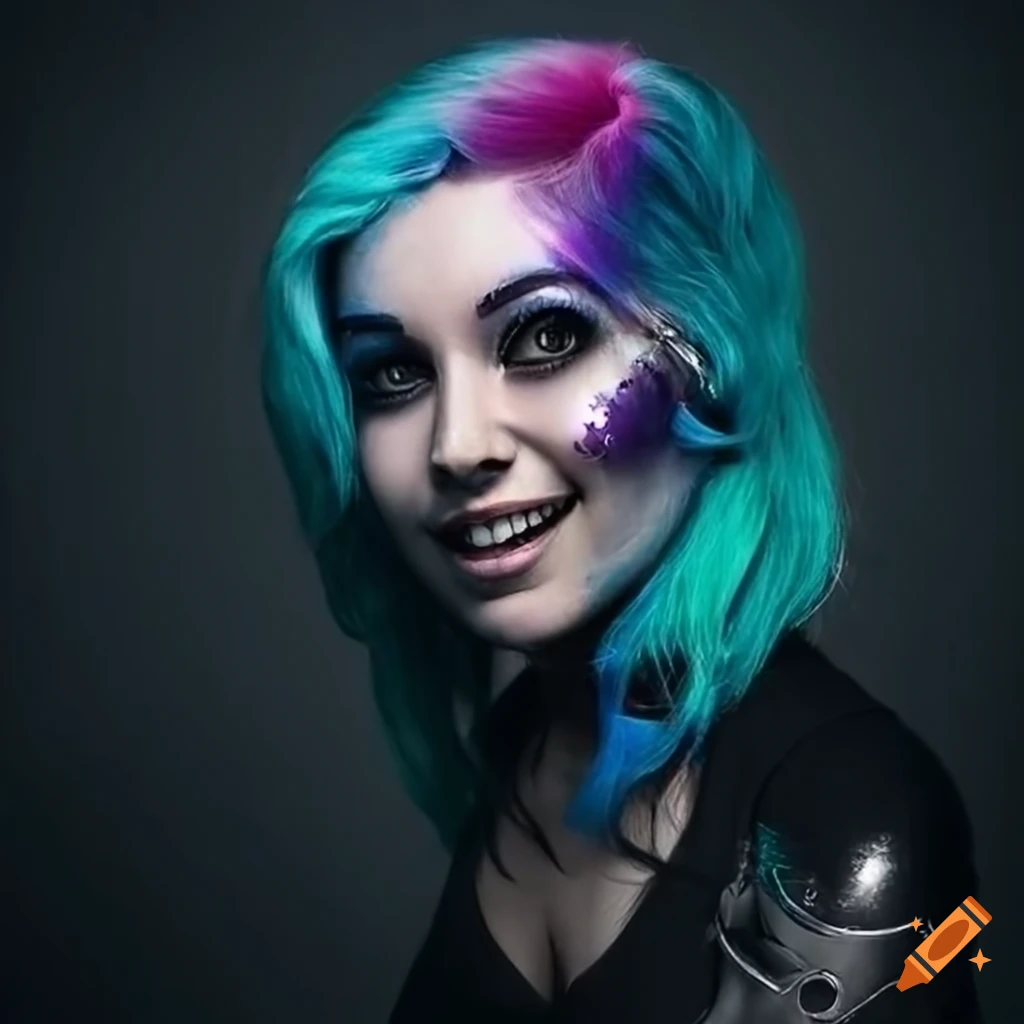 Woman with tie-dye hair and cyborg-inspired makeup on Craiyon