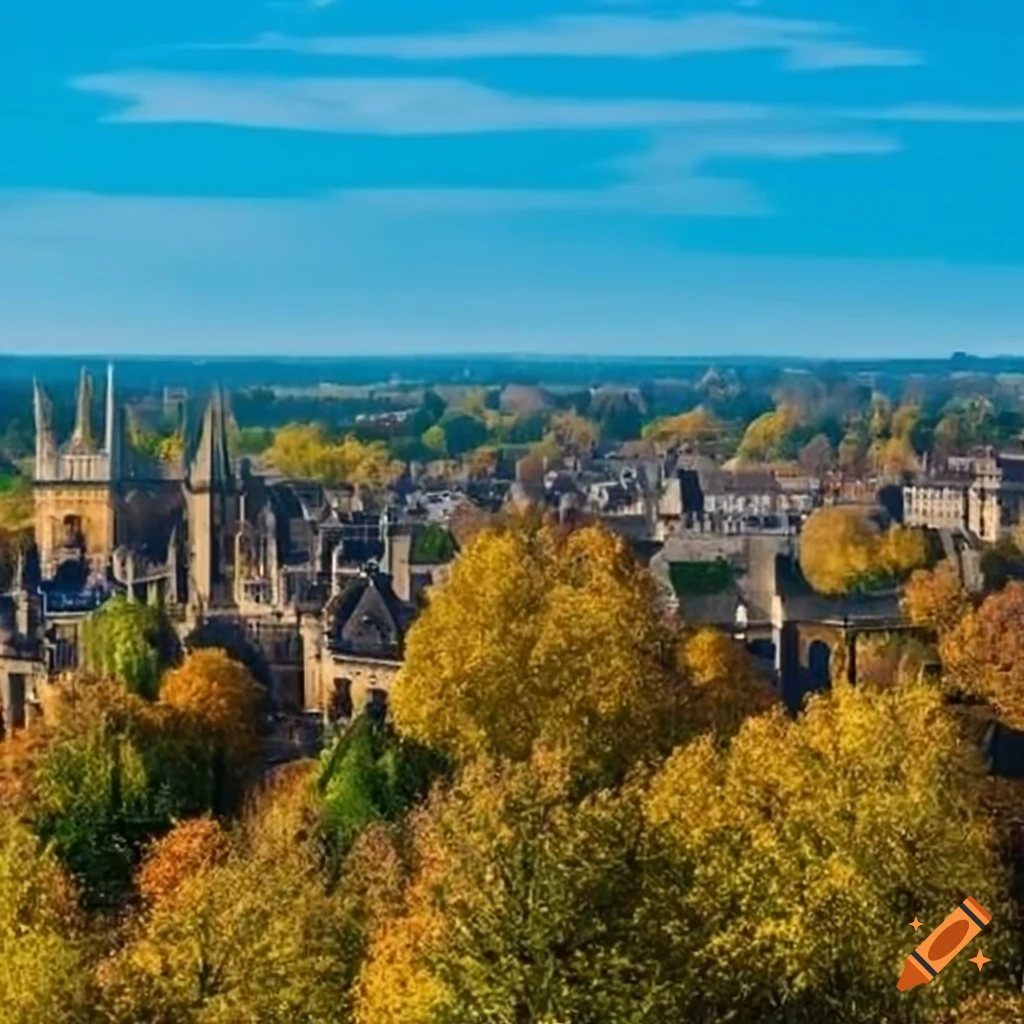 Oxford cityscape in autumn with blue sky