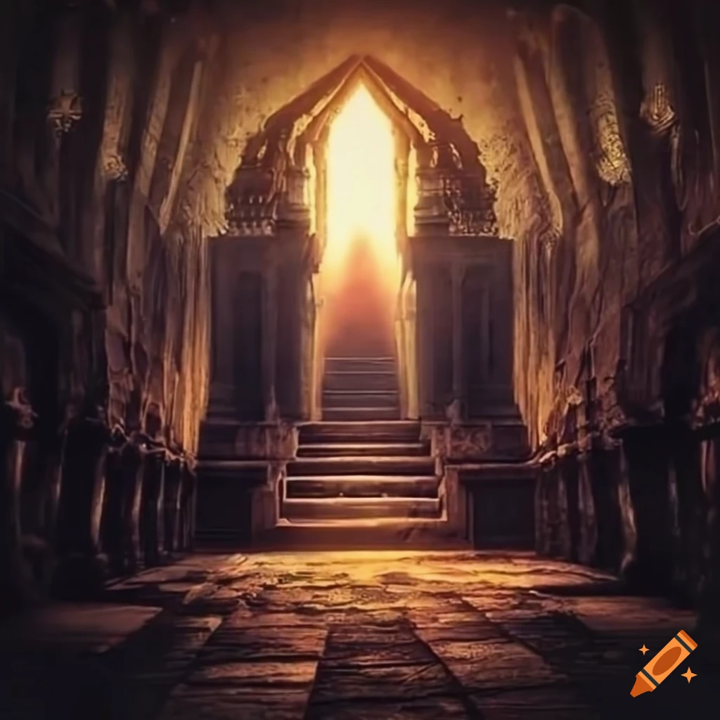 Mysterious temple with shadows and lights on Craiyon