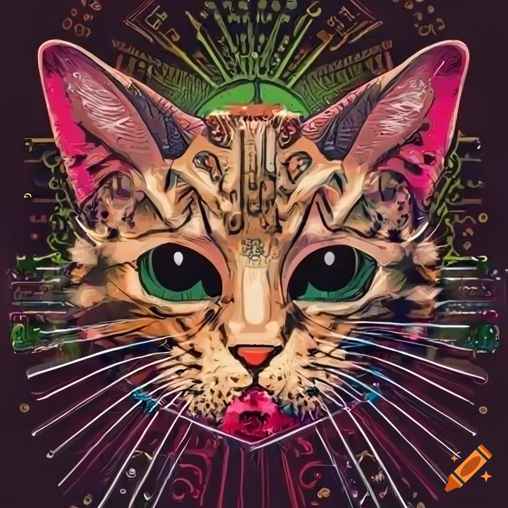 Vector art of a close-up alien cat with circuit-board background on Craiyon