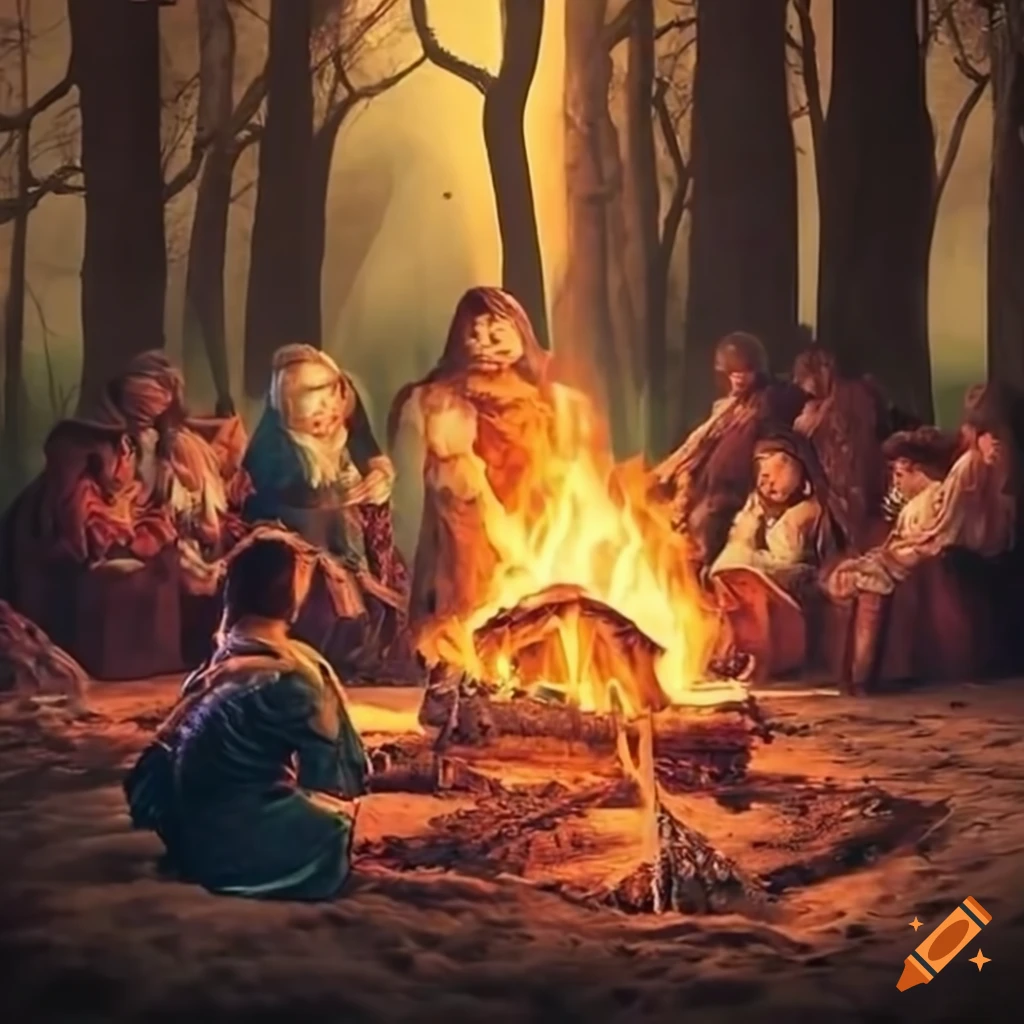 Scene of the fellowship of the ring around a campfire on Craiyon