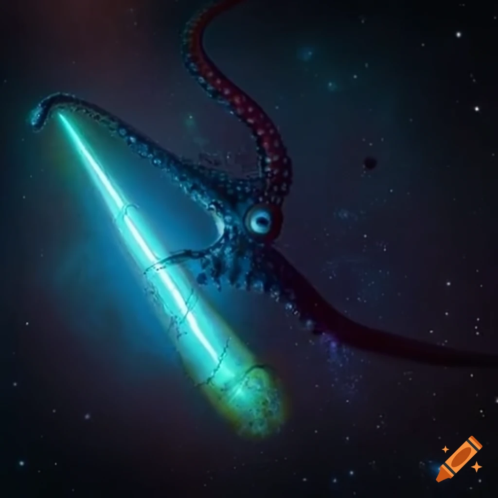 Sci-fi art of an octopus shooting laser beam in space