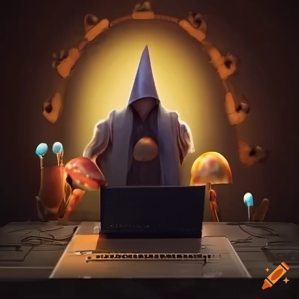 Futuristic male wizard coding in a magical forest on Craiyon