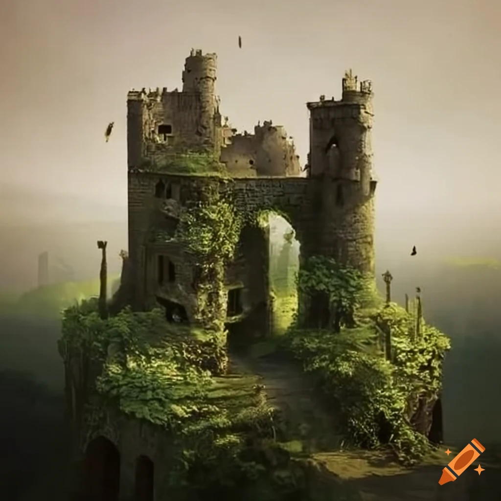 Overgrown ruins of a castle tower on Craiyon