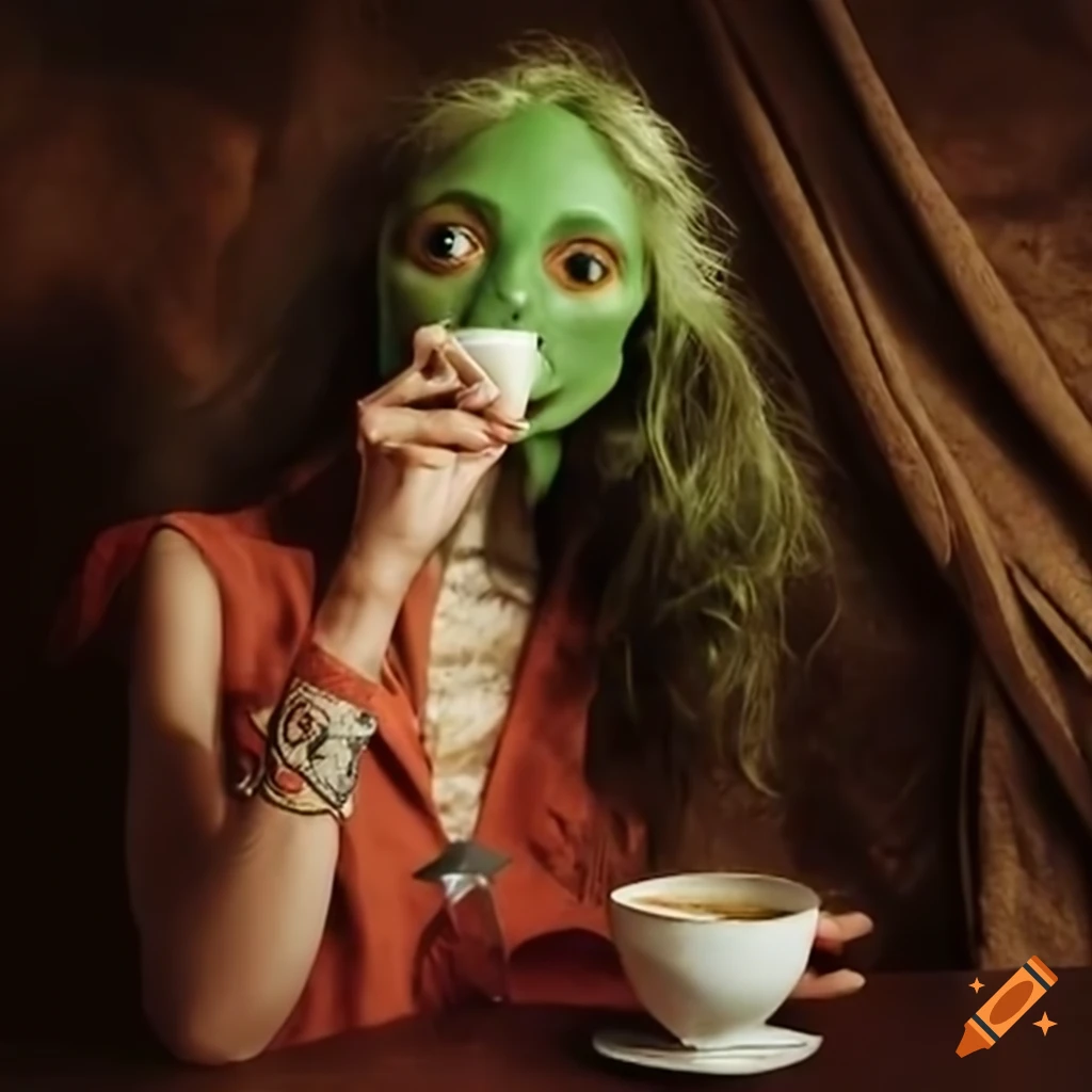 Extraterrestrial enjoying hot chocolate in snowy forest on Craiyon