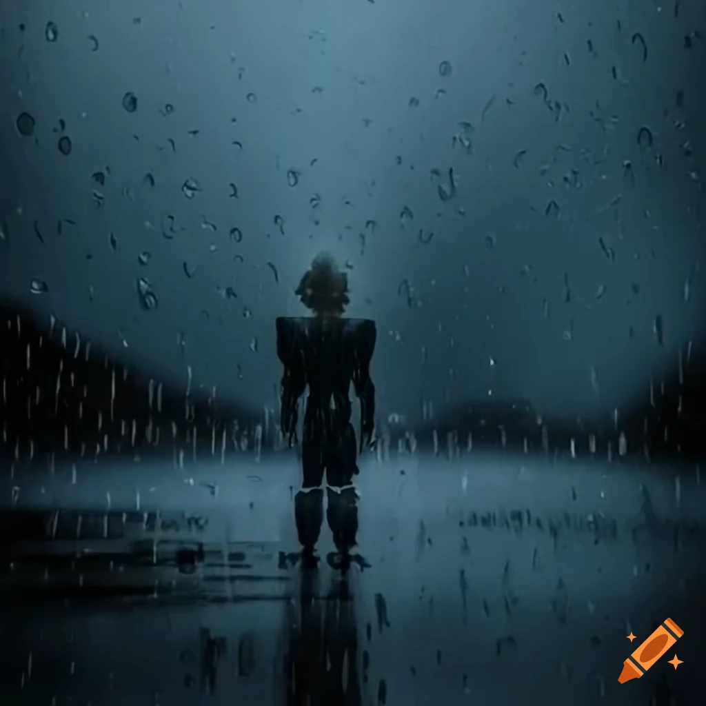 Vegeta standing in the rain with a somber expression on Craiyon