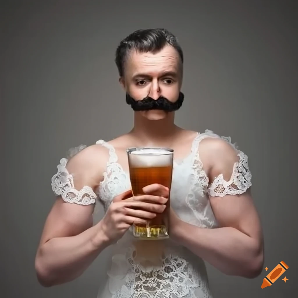 Muscular man in a white lace dress with a fancy moustache drinking ...