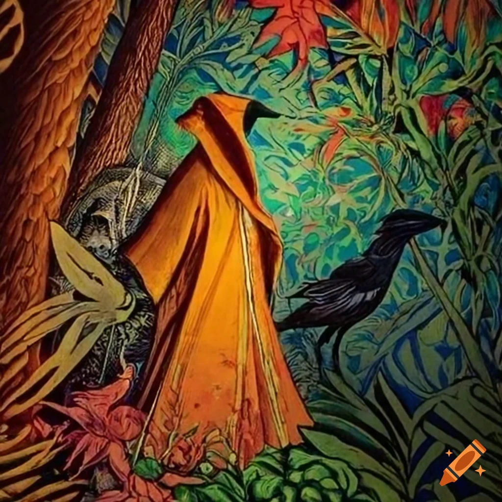 Illustration of a mysterious raven with a peacock feather cloak on Craiyon