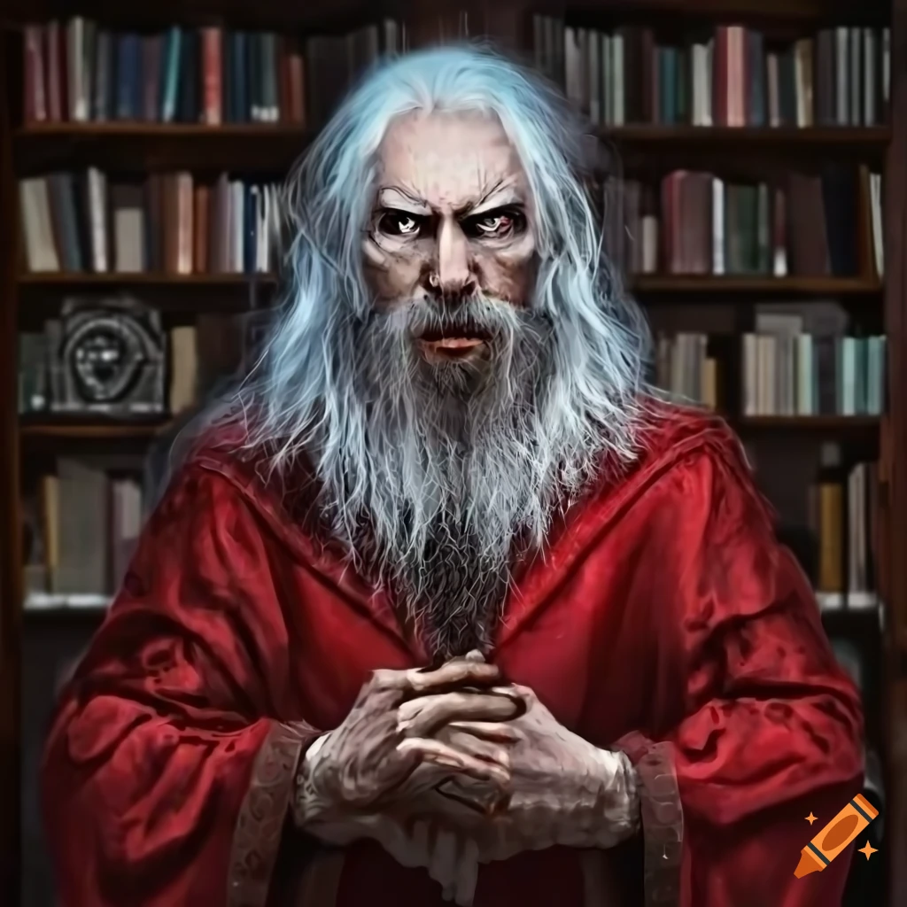 Image of an old cultist in a red robe with glowing eyes in a library on ...