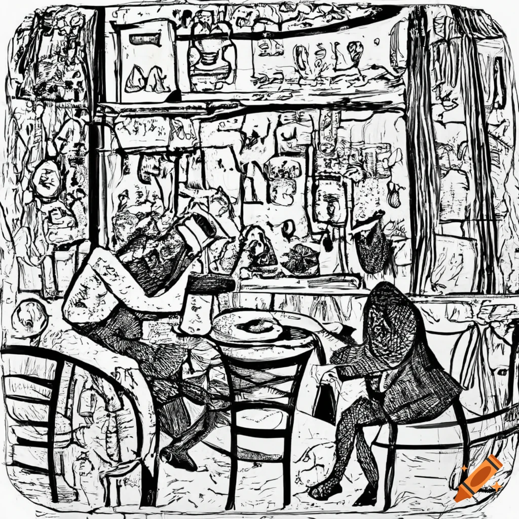 Comic-style drawing of ants dining in a fancy restaurant on Craiyon